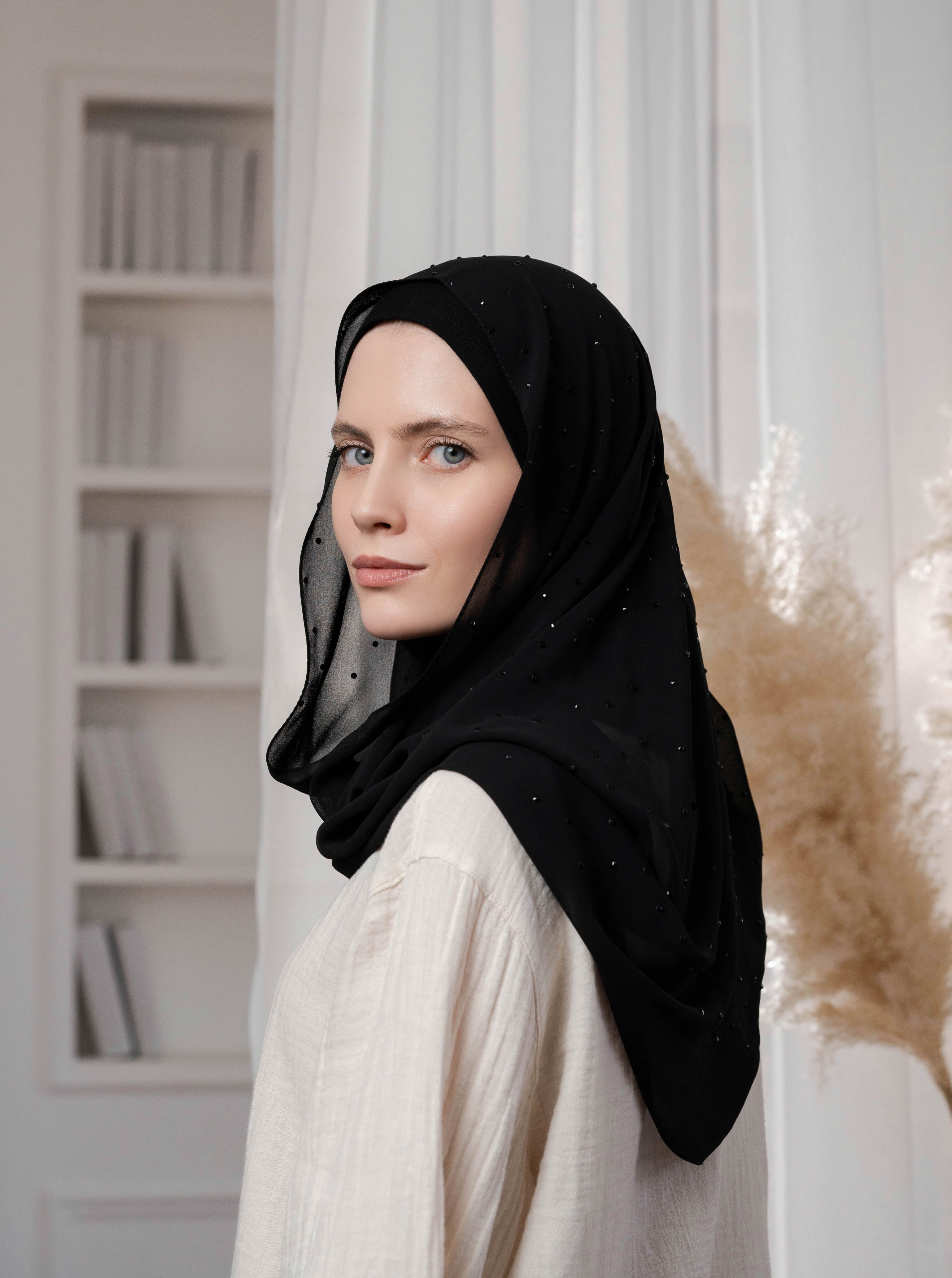 Hooded Chiffon Hijab with black stones – CHEVMON